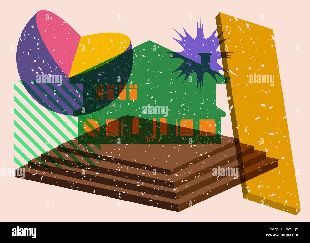 Risograph Halloween Abandoned Ghost House and geometric shapes. Object ...