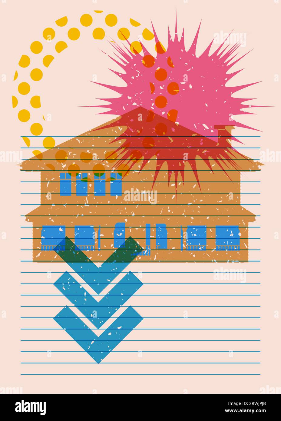Risograph Halloween Abandoned Ghost House and geometric shapes. Object ...