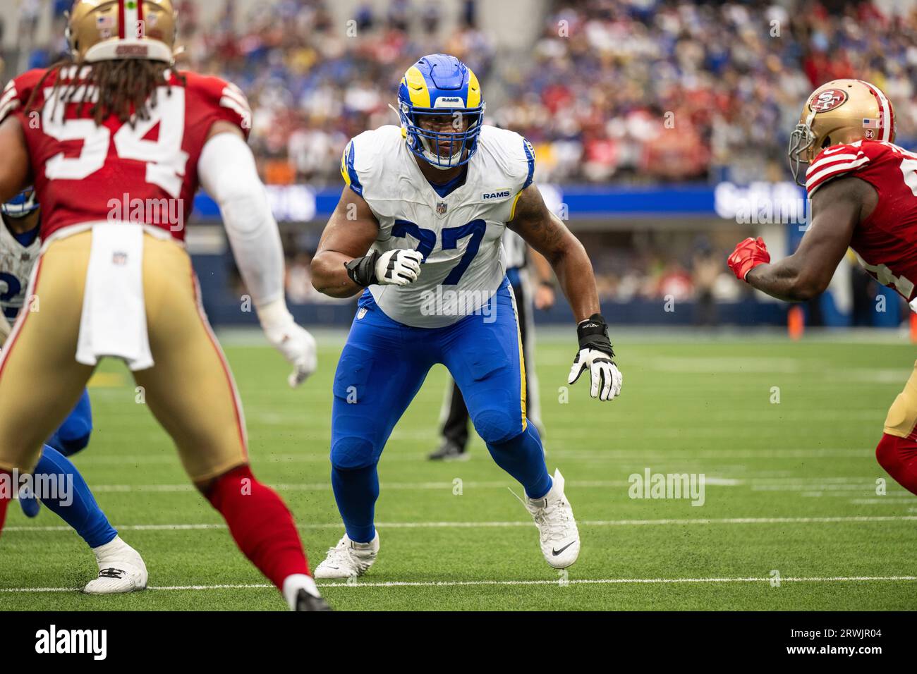 Los Angeles Rams offensive tackle Alaric Jackson (77) takes his stance ...