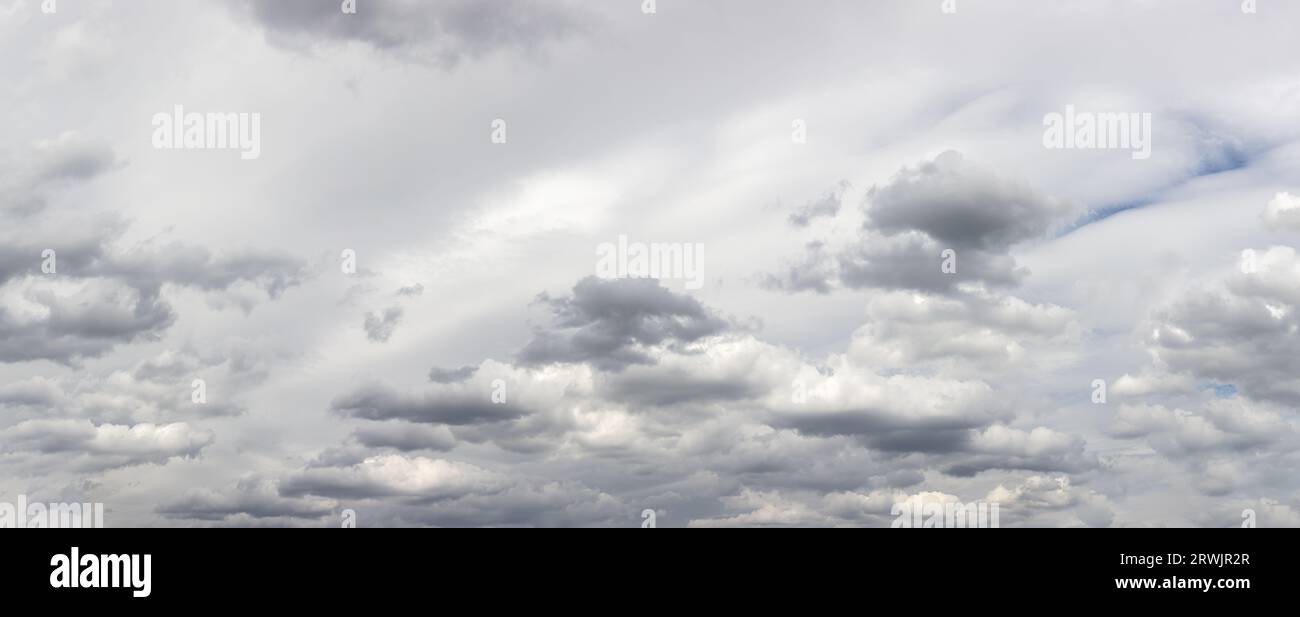 overcast sky with dark rainy clouds before thunderstorm. wide panorama ...