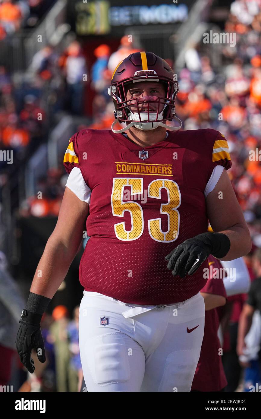 Washington Commanders center Nick Gates (63) against the Denver Broncos ...
