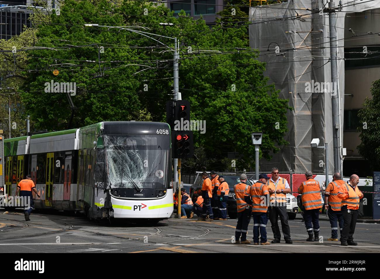 Melbourne, Australia. 20th Sep, 2023. A damaged tram is seen at the ...