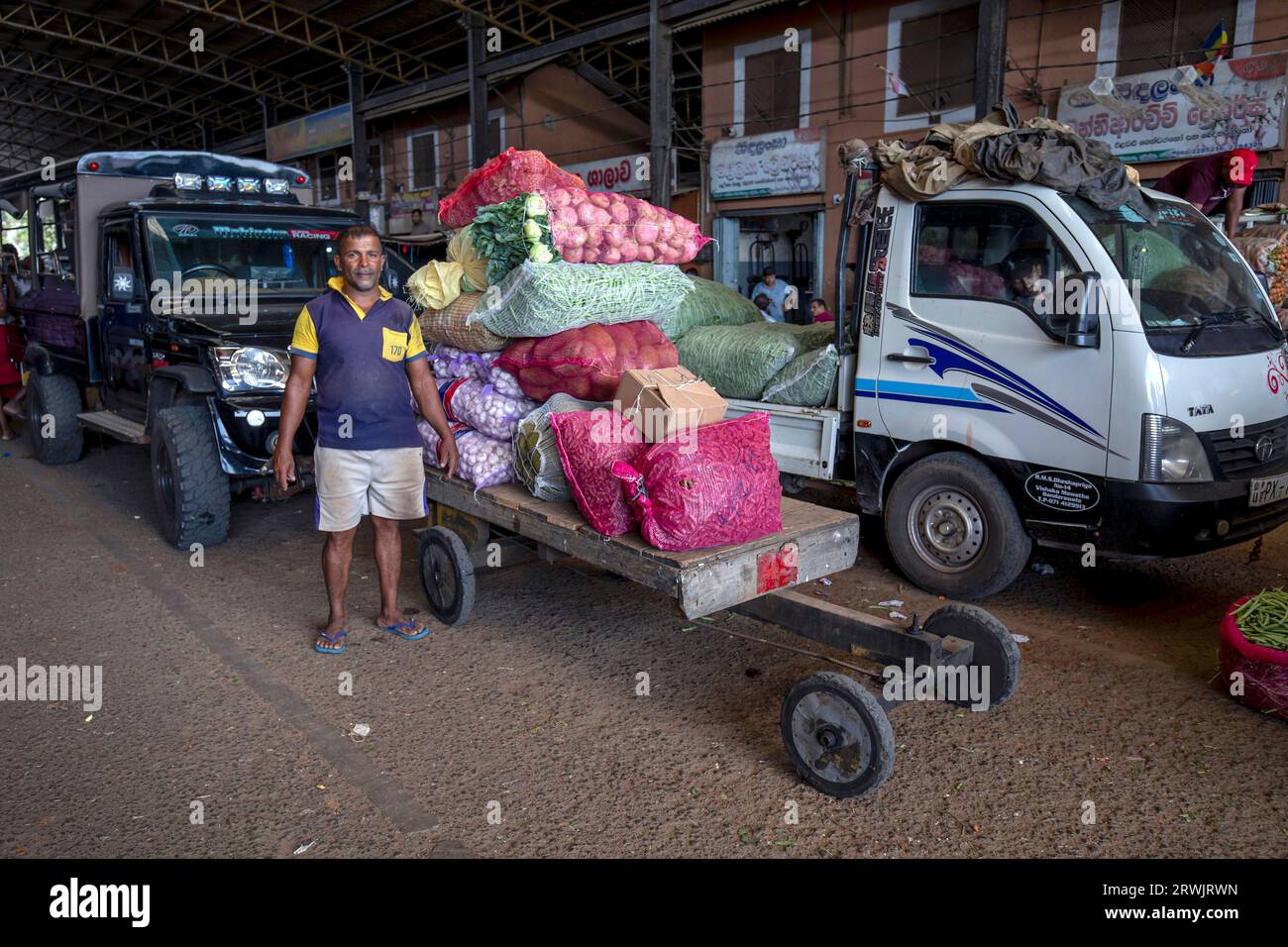 A man stands next to his wooden cart loaded with sacks of fresh fruit ...