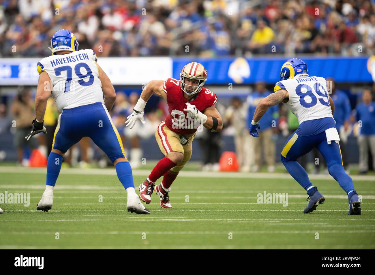 San Francisco 49ers defensive end Nick Bosa (97) runs during an NFL ...