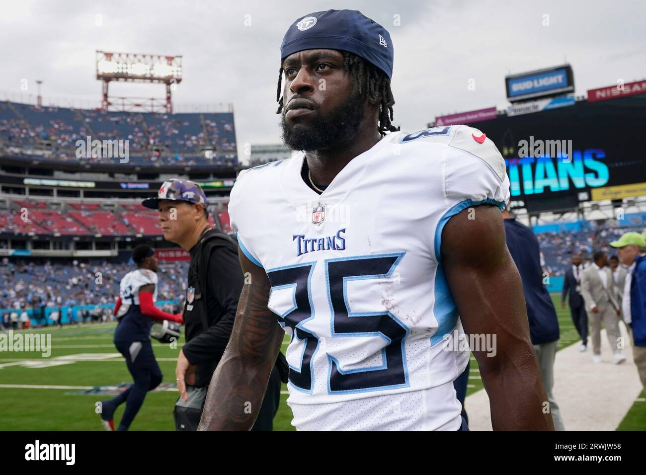 Tennessee Titans tight end Chig Okonkwo (85) walks to the locker room ...