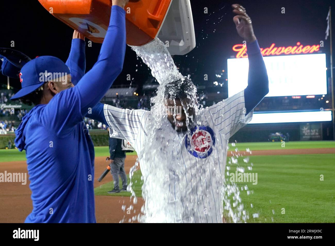 Chicago Cubs' Christopher Morel, left, douses Alexander Canario with ...