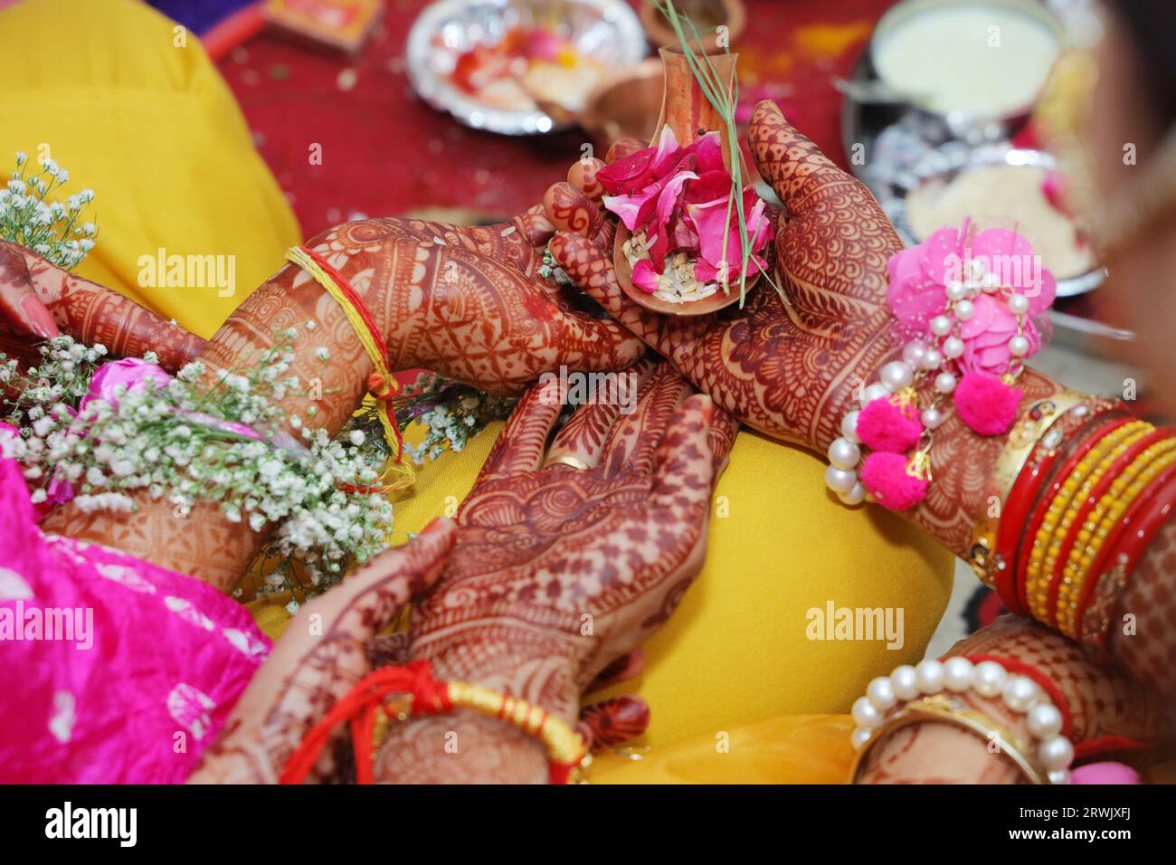 Closeup of flower in hands during haldi poojan in wedding Stock Photo ...