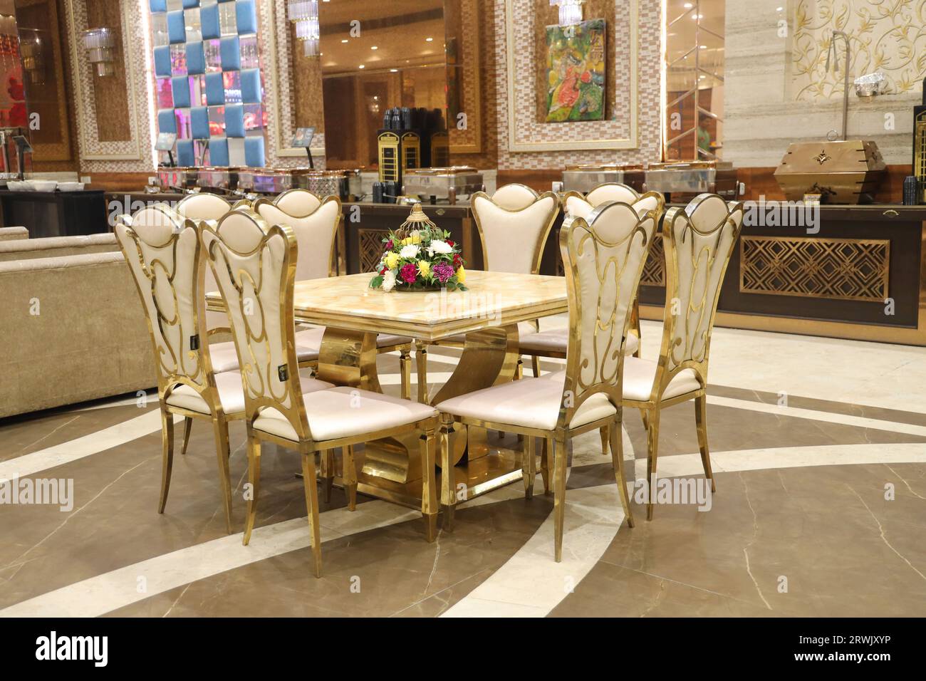 Empty view of table and chairs at wedding banquet Stock Photo - Alamy