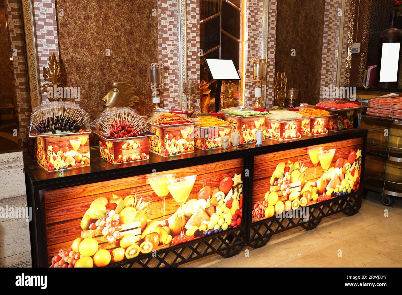 Fruit salad stall at five star hotel Stock Photo - Alamy