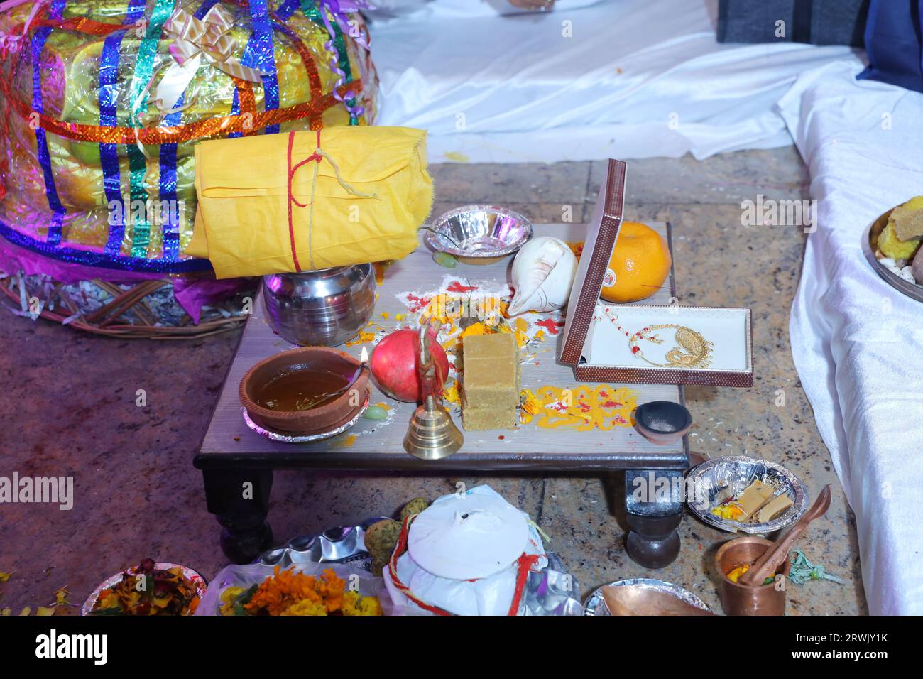 Pooja rituals for indian function at home Stock Photo - Alamy