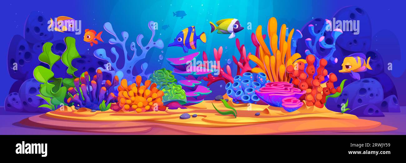 Underwater seaweed plant and coral background. Ocean reef scene with ...
