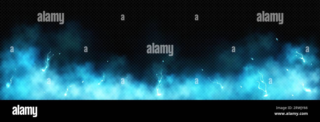 Realistic thunder light and blue smoke cloud bottom frame. Mysterious ...