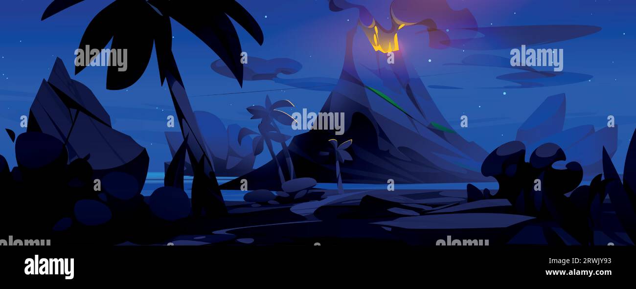 Volcano eruption and lava cartoon landscape vector night background ...