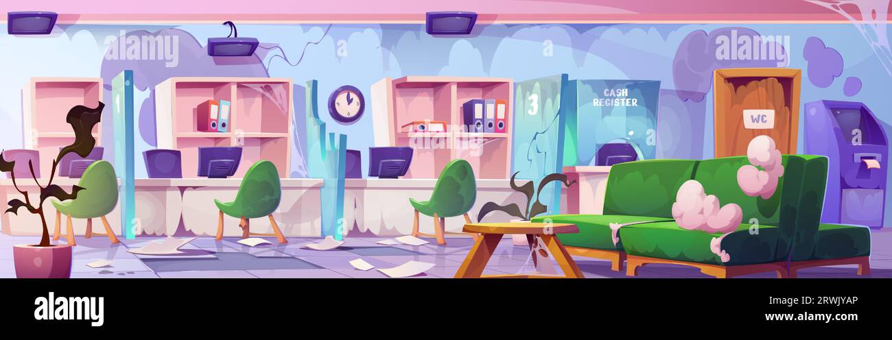Abandoned bank office interior with furniture. Vector cartoon ...