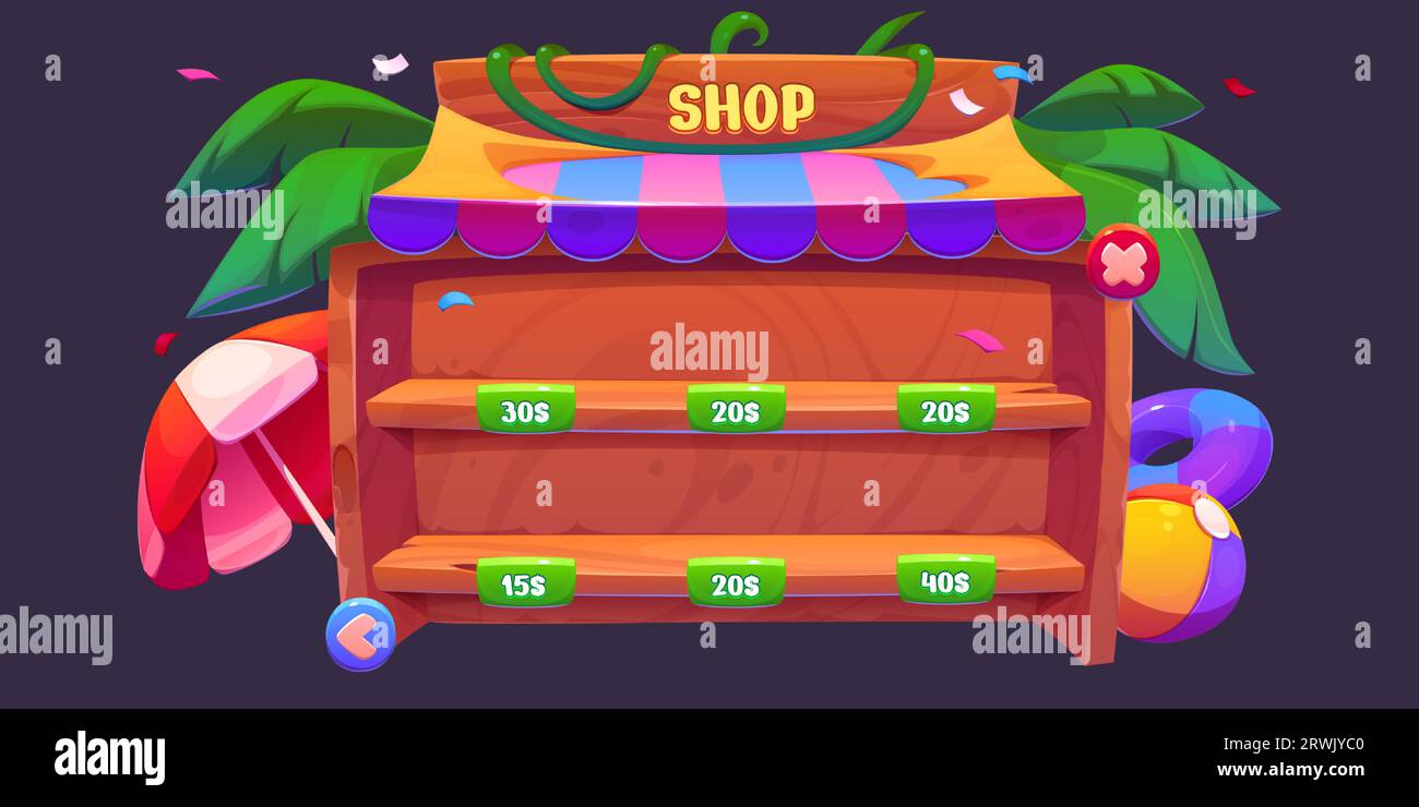 Game shop ui interface wood shelf icon cartoon. Gui mobile wooden frame ...