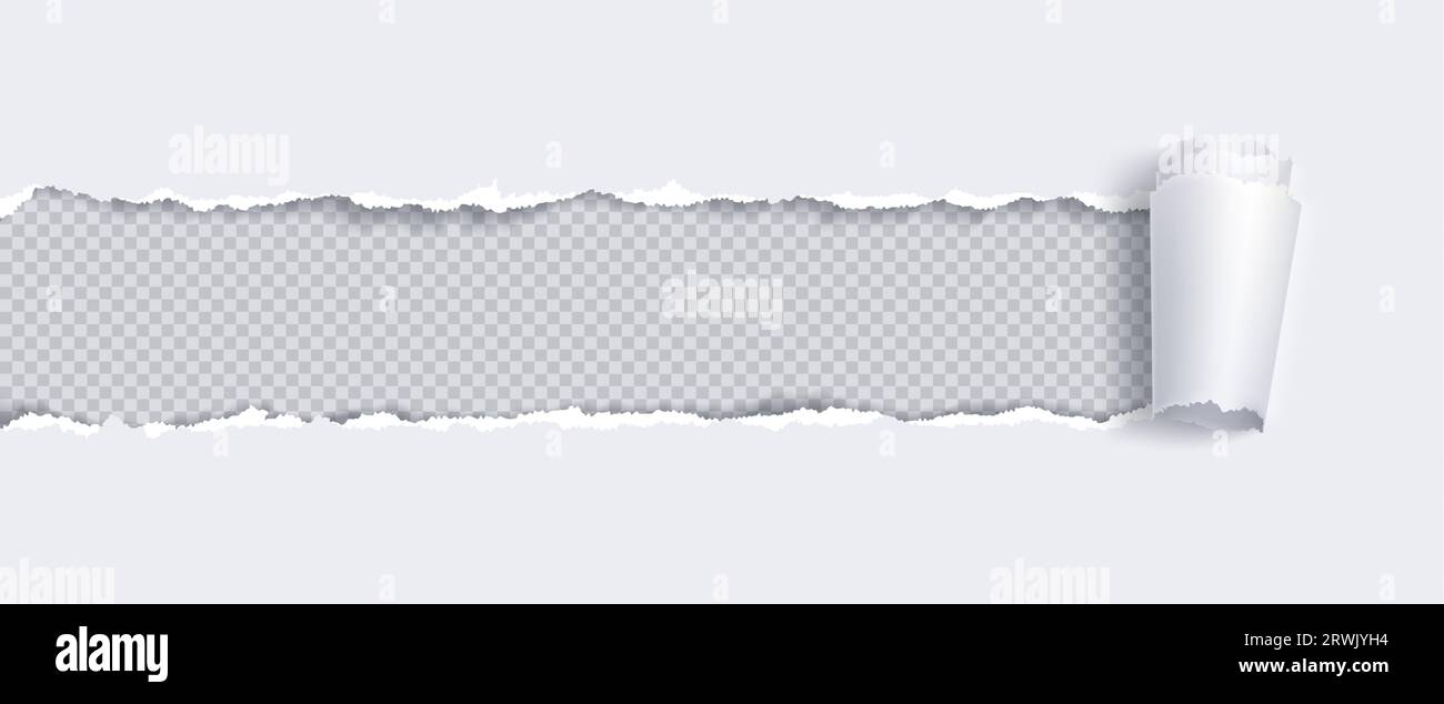 Paper banner with torn hole and rolled edge. Realistic vector illustration of ripped and folded ...