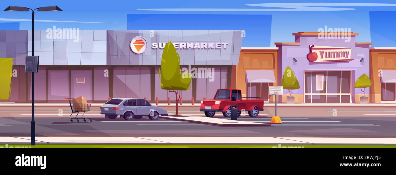 Grocery supermarket building with parking cartoon vector illustration ...
