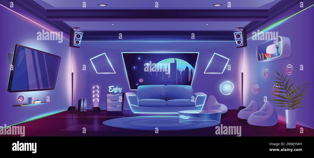 Room interior with game and stream furniture and equipment. Cartoon ...