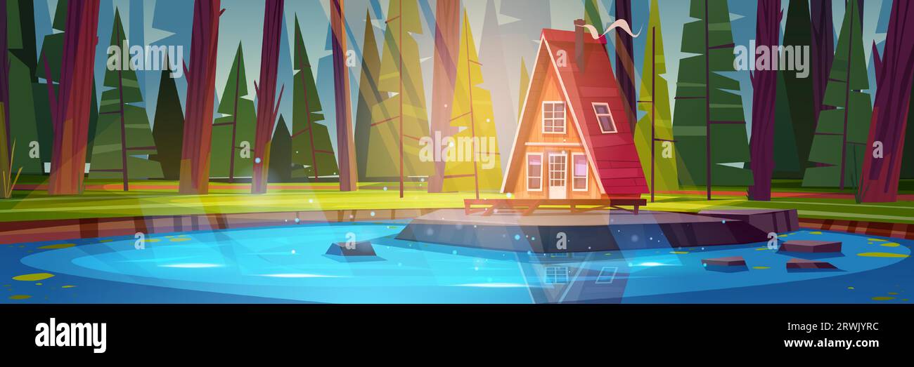 Wooden cabin on shore of lake or river in forest. Cartoon vector ...