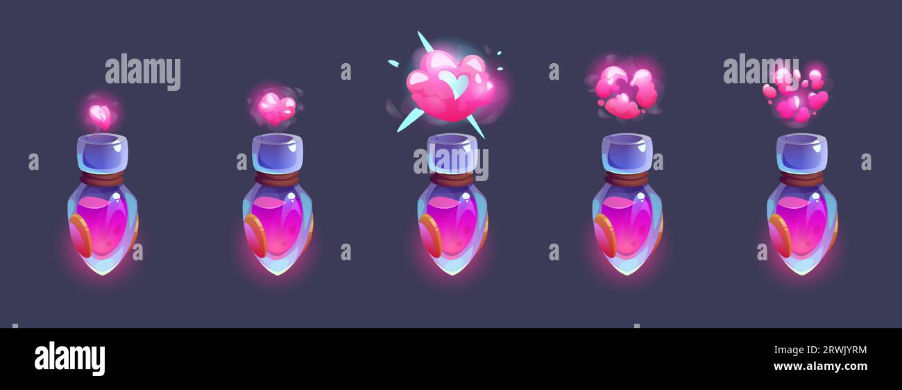 Magic pink love elixir in bottle with heart shaped smoke. Cartoon game ...