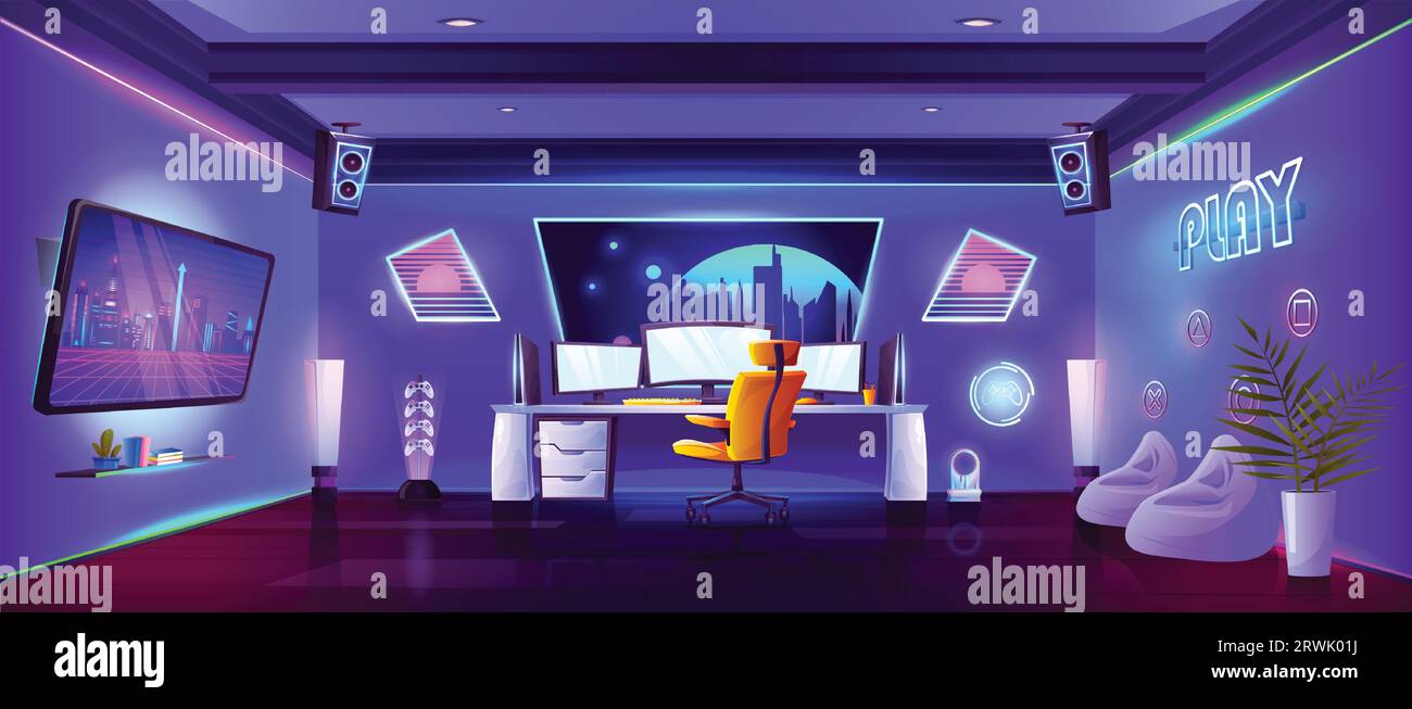 Night gamer room with neon screen and computer vector background. Video ...