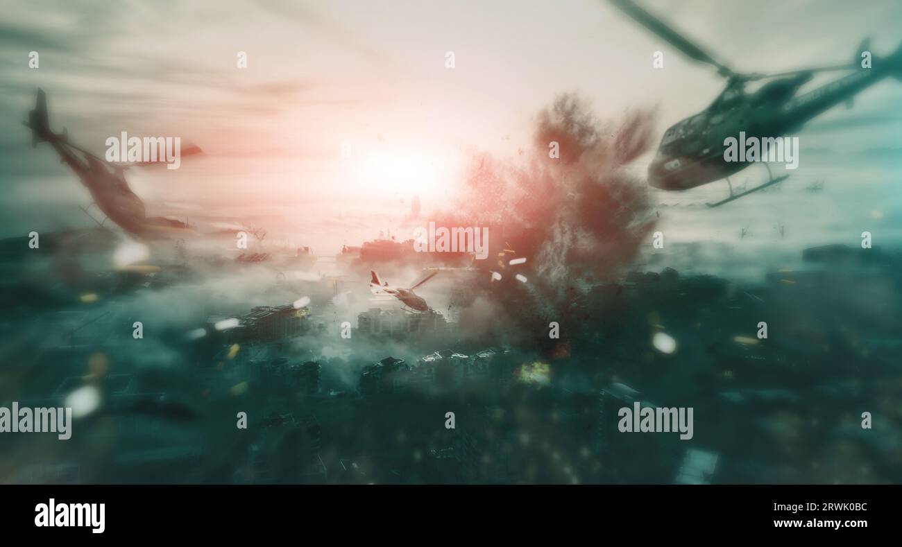 Explosion, warzone and army with helicopter on battlefield for military ...