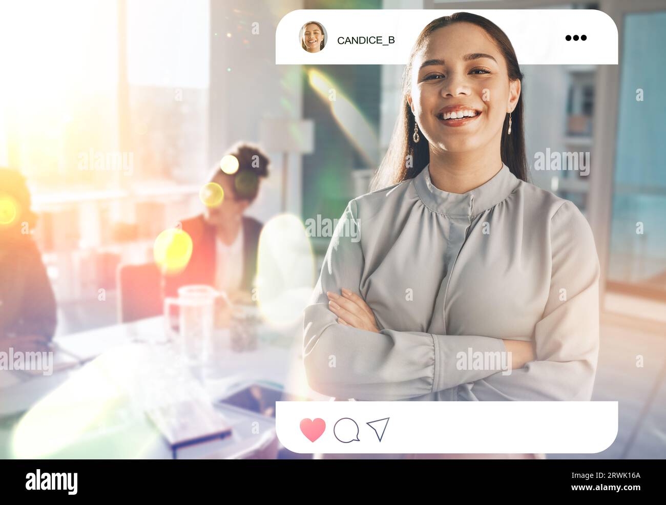 Portrait, social media and arms crossed with a business woman on screen ...