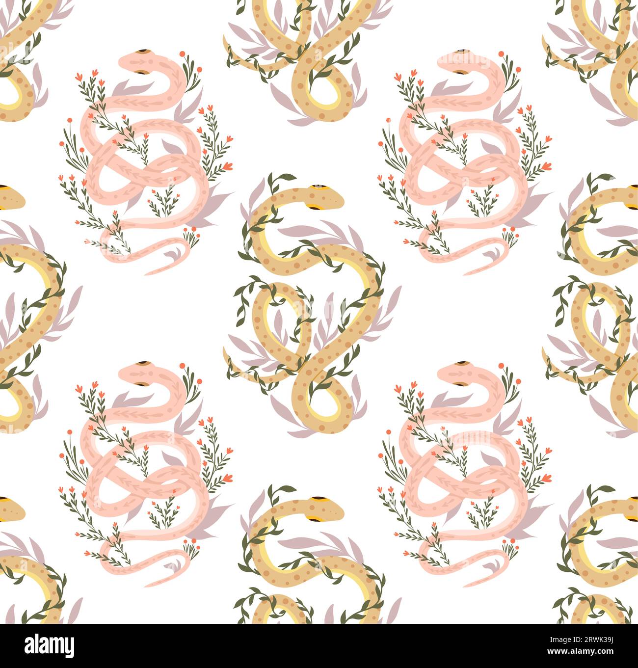 Vector seamless pattern with gentle snakes and herbs. Animalistic ...