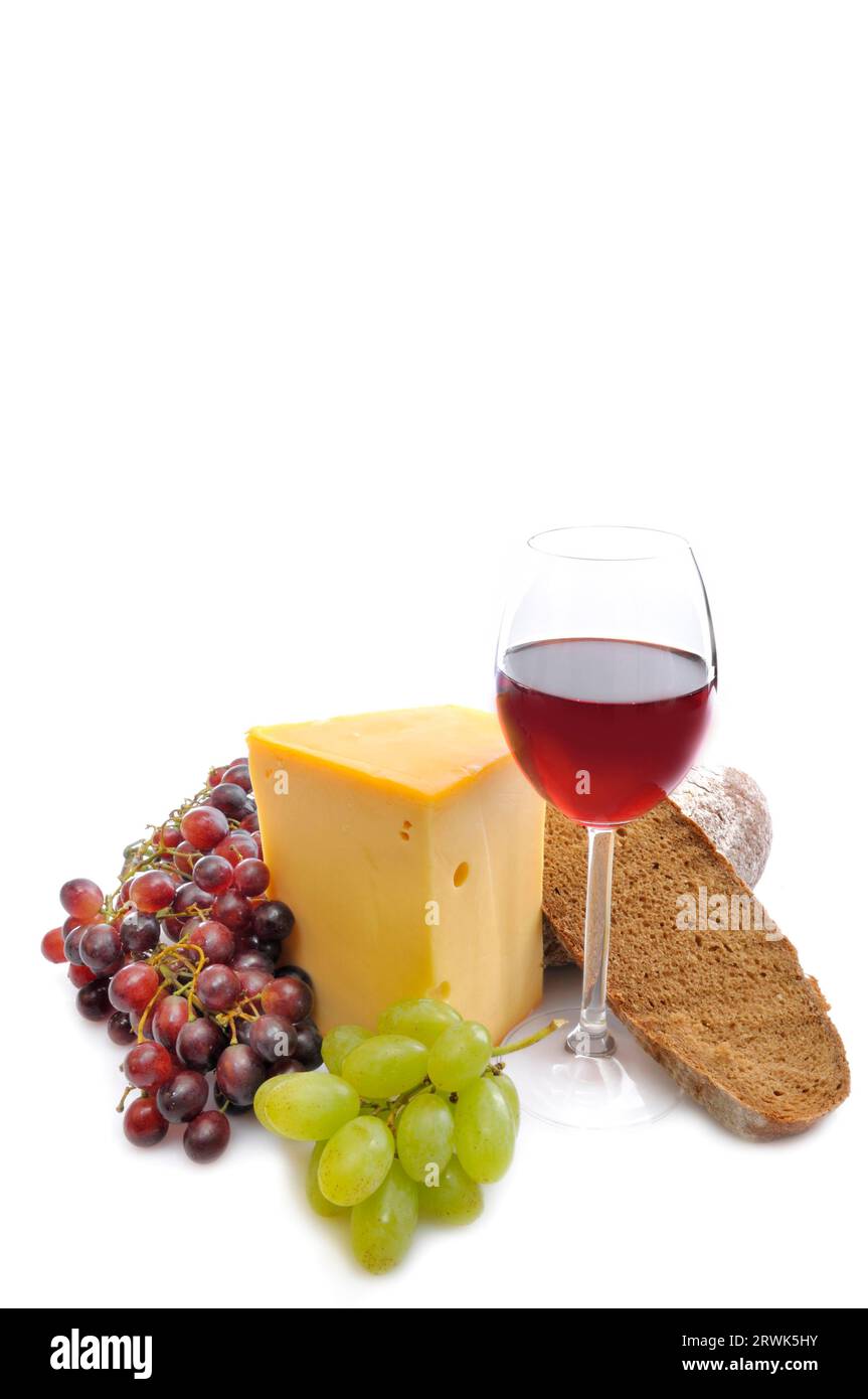 Cheese, grapes, bread and wine Stock Photo - Alamy