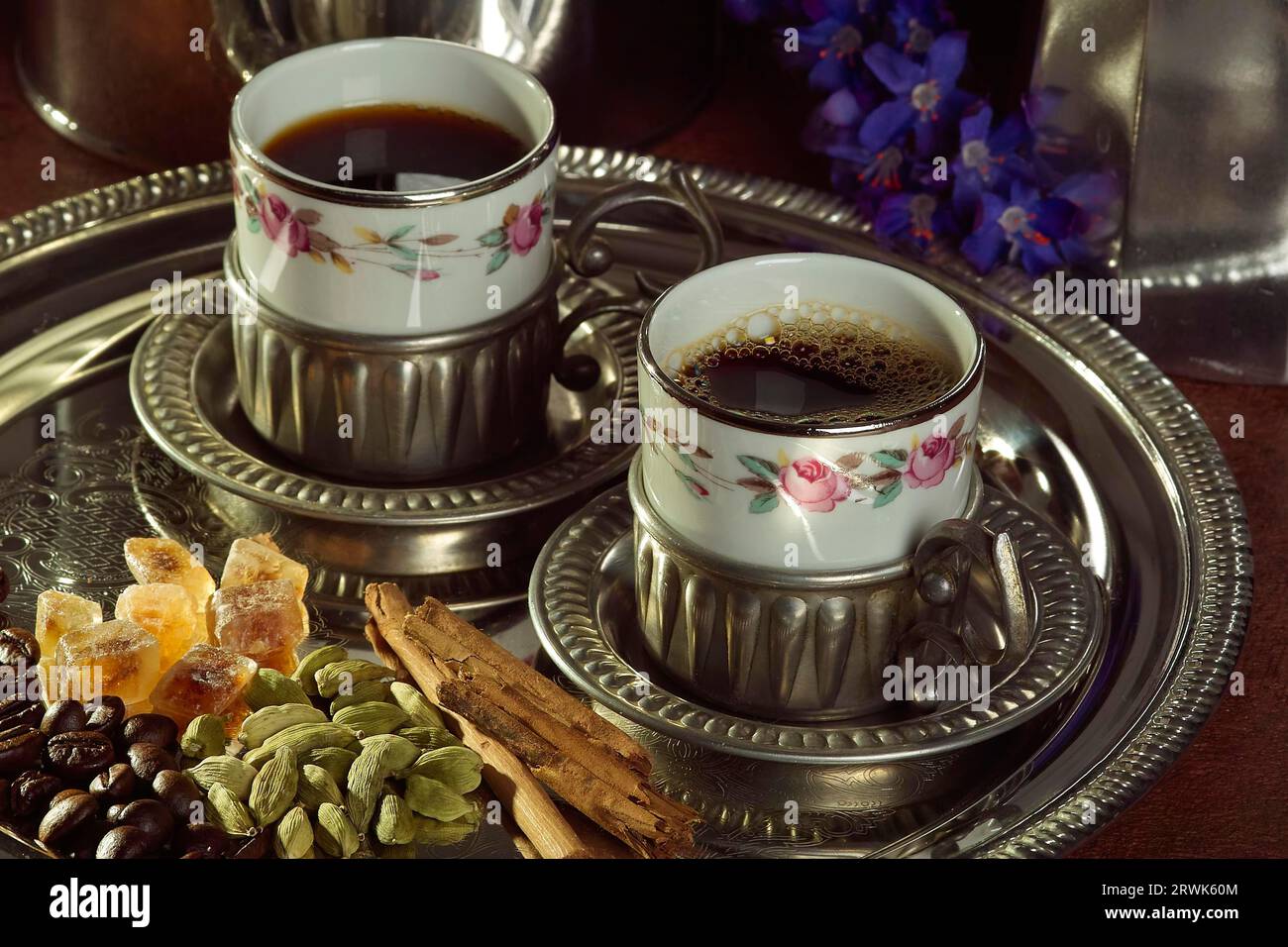 Arabic coffee in demitasse cups on silver tray with spices Stock Photo ...