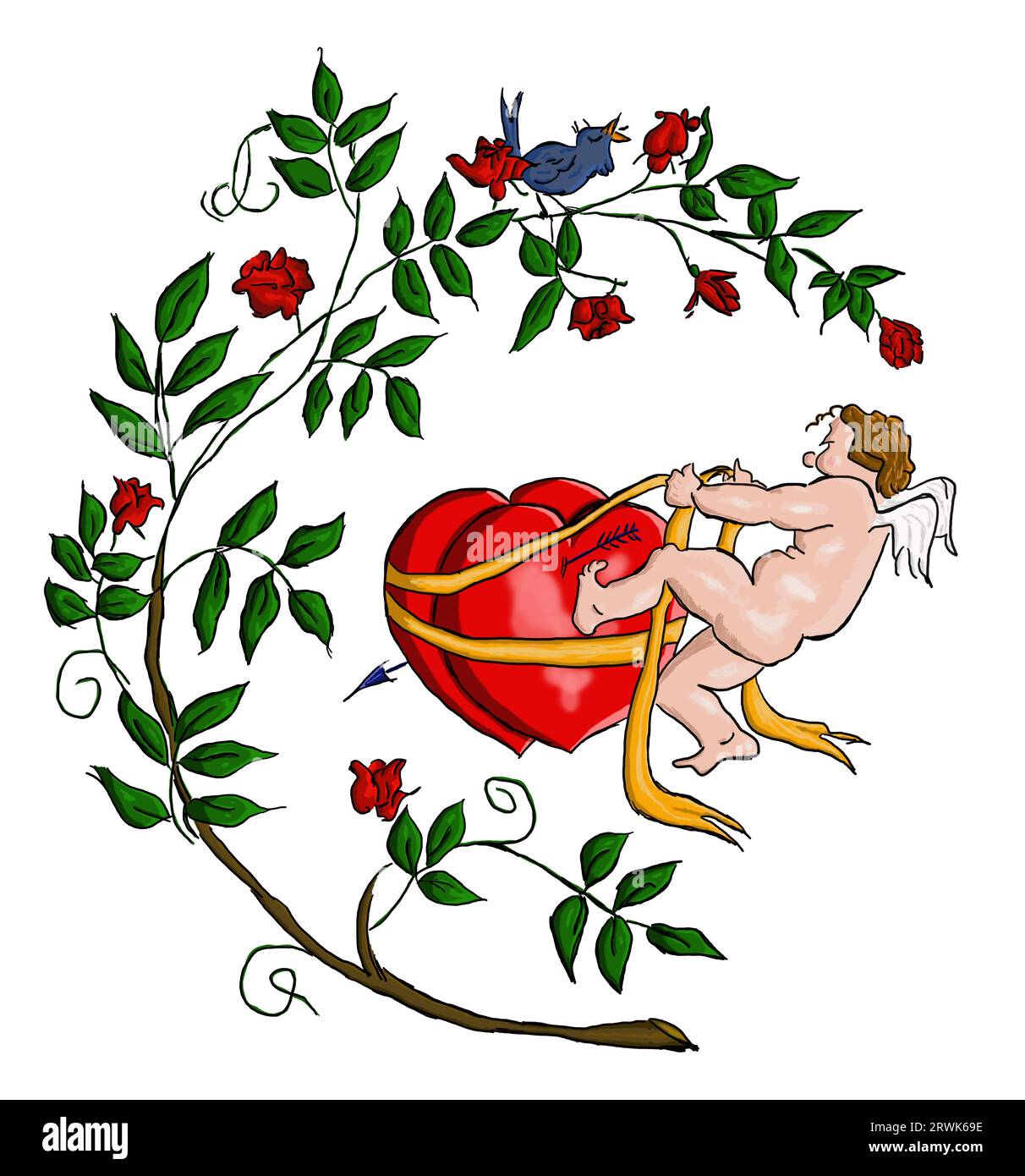 Cupid ties hearts together under rosary, illustration Stock Photo - Alamy