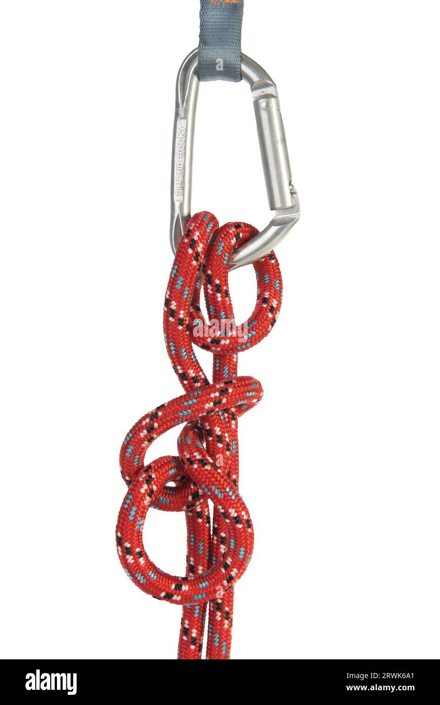 a red climbing rope knotted on a transparent background Stock Photo - Alamy