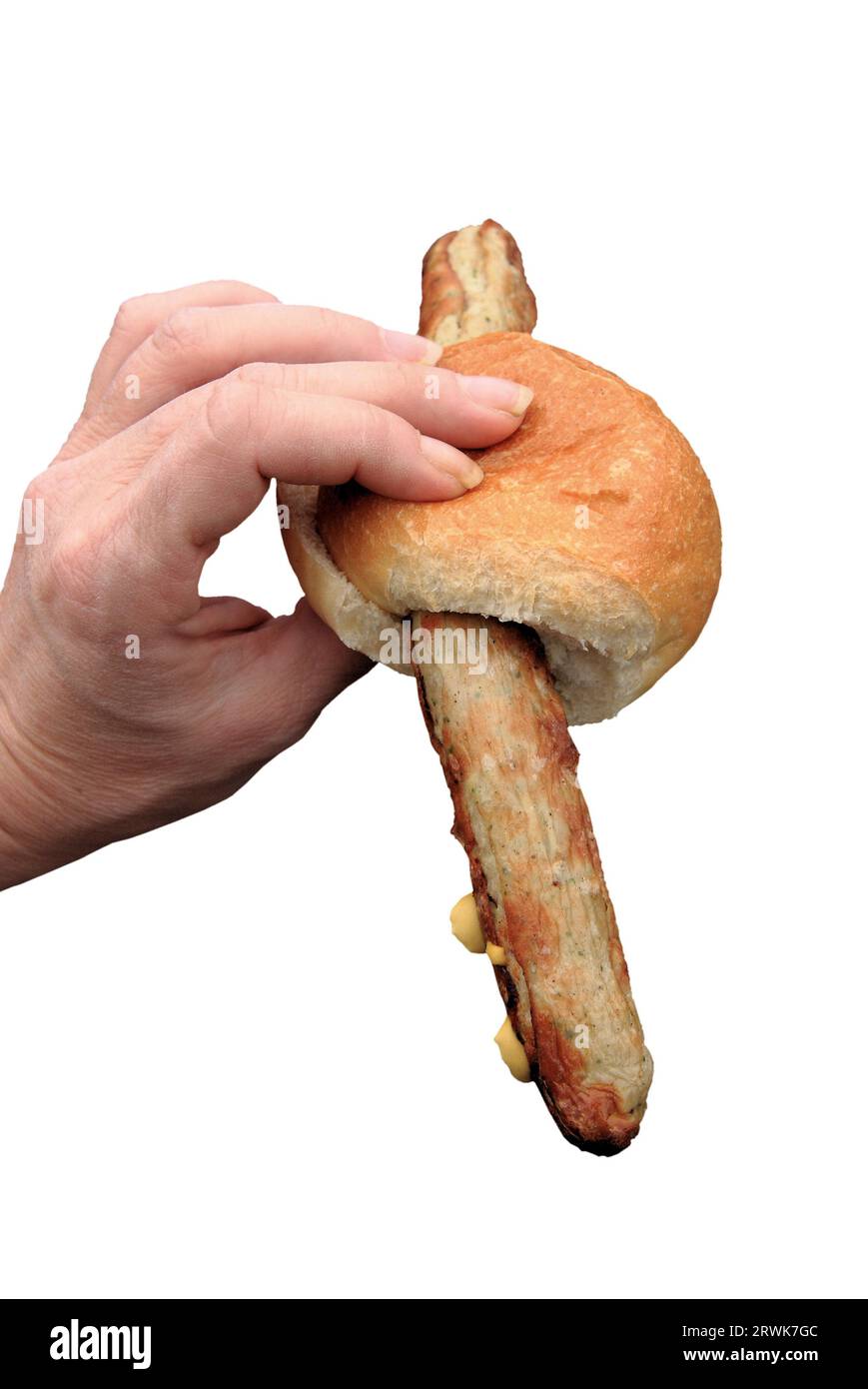 Hand holding a Weck with Rostwurst, cropped, white background Stock ...