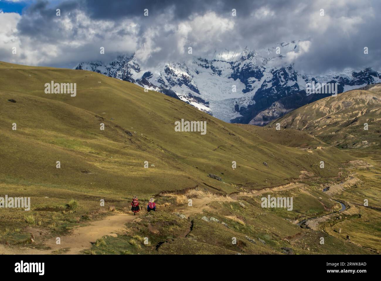 Two Peruvian women walking along a path in Peruvian Andes Stock Photo ...