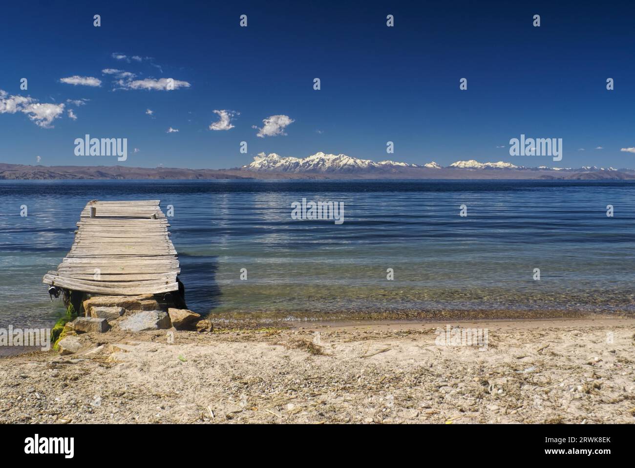 Old pier on the coast of Isla del Sol, island on lake Titicaca in ...