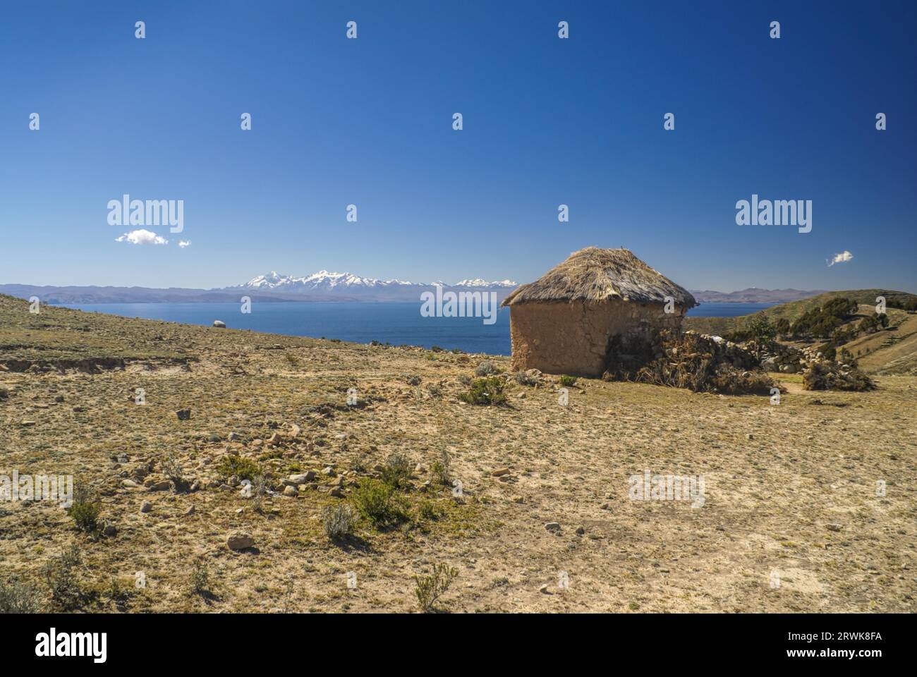 Scenic old hut on Isla del Sol, island on lake Titicaca in Bolivia ...