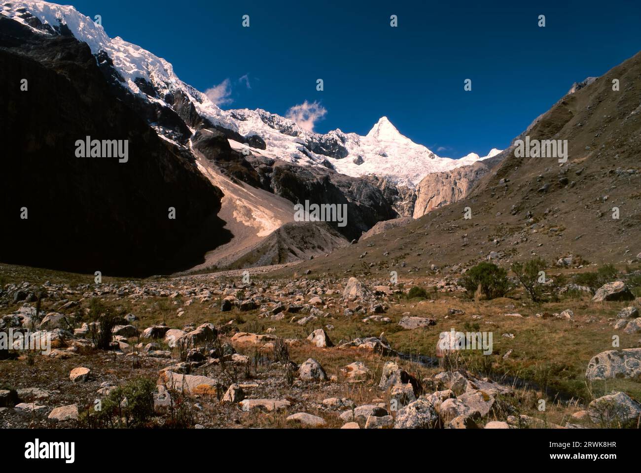 Picturesque valley between highest mountain peaks in Peruvian Andes ...