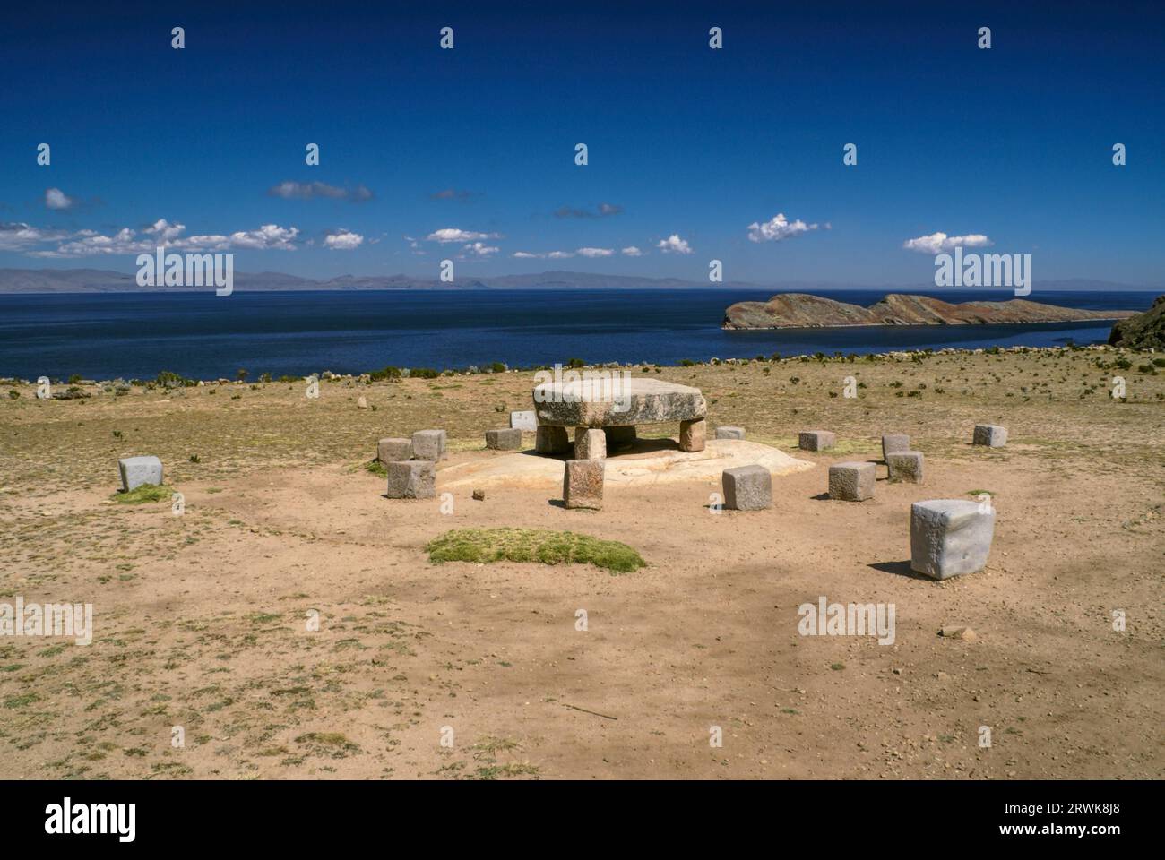 Ancient stones on Isla del Sol, island on lake Titicaca in Bolivia ...