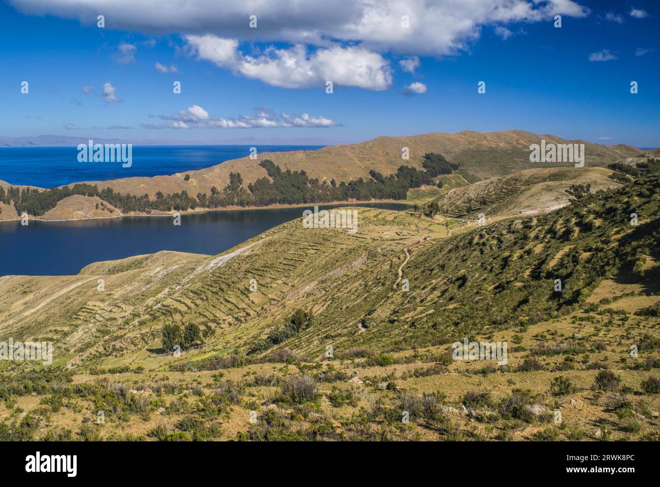 Scenic view of Isla del Sol, island on lake Titicaca in Bolivia Stock ...