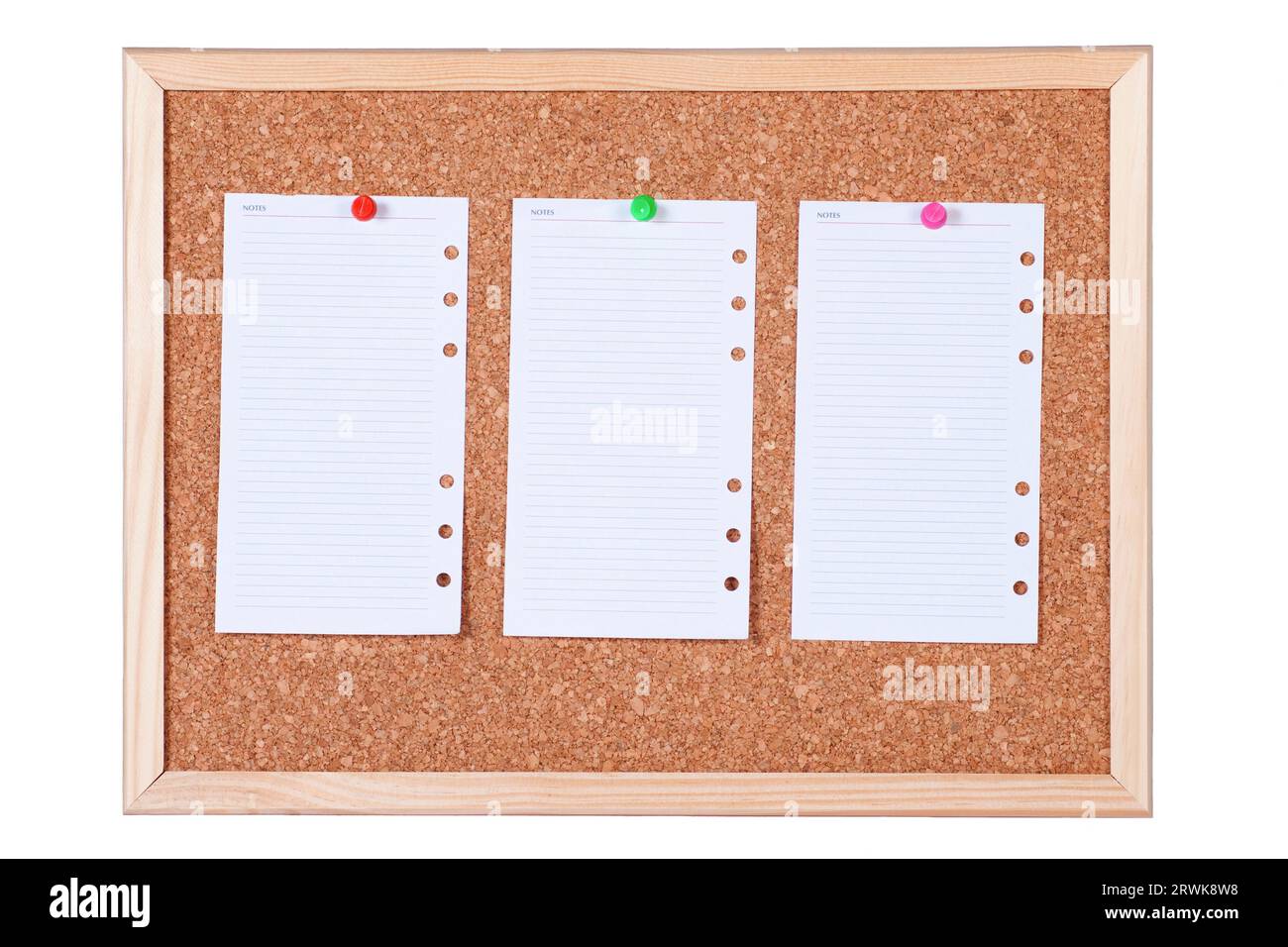 Corkboard with three blank paper notes, isolated on white background ...