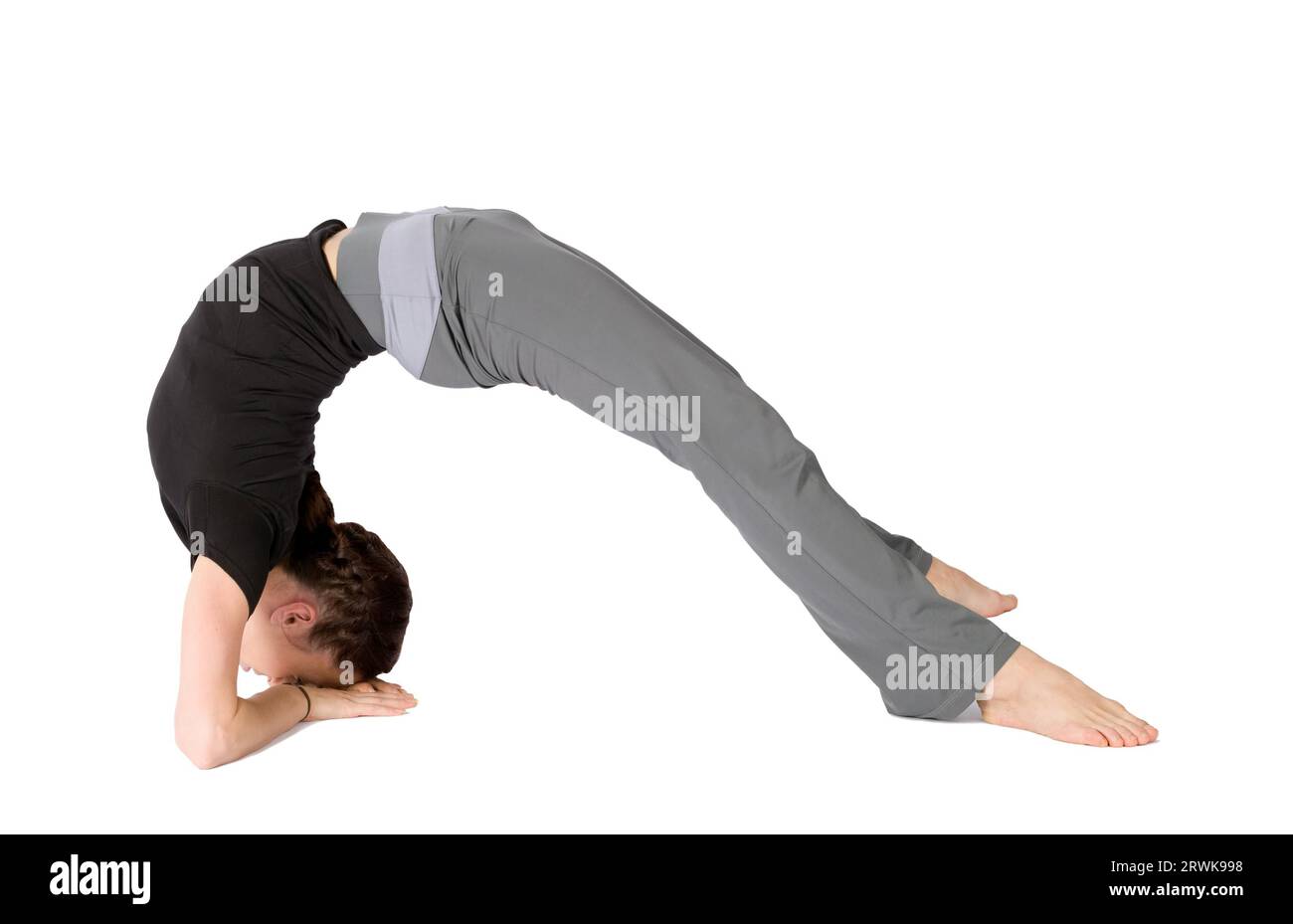 Fit woman holding bridge stretching pose, isolated on white background ...