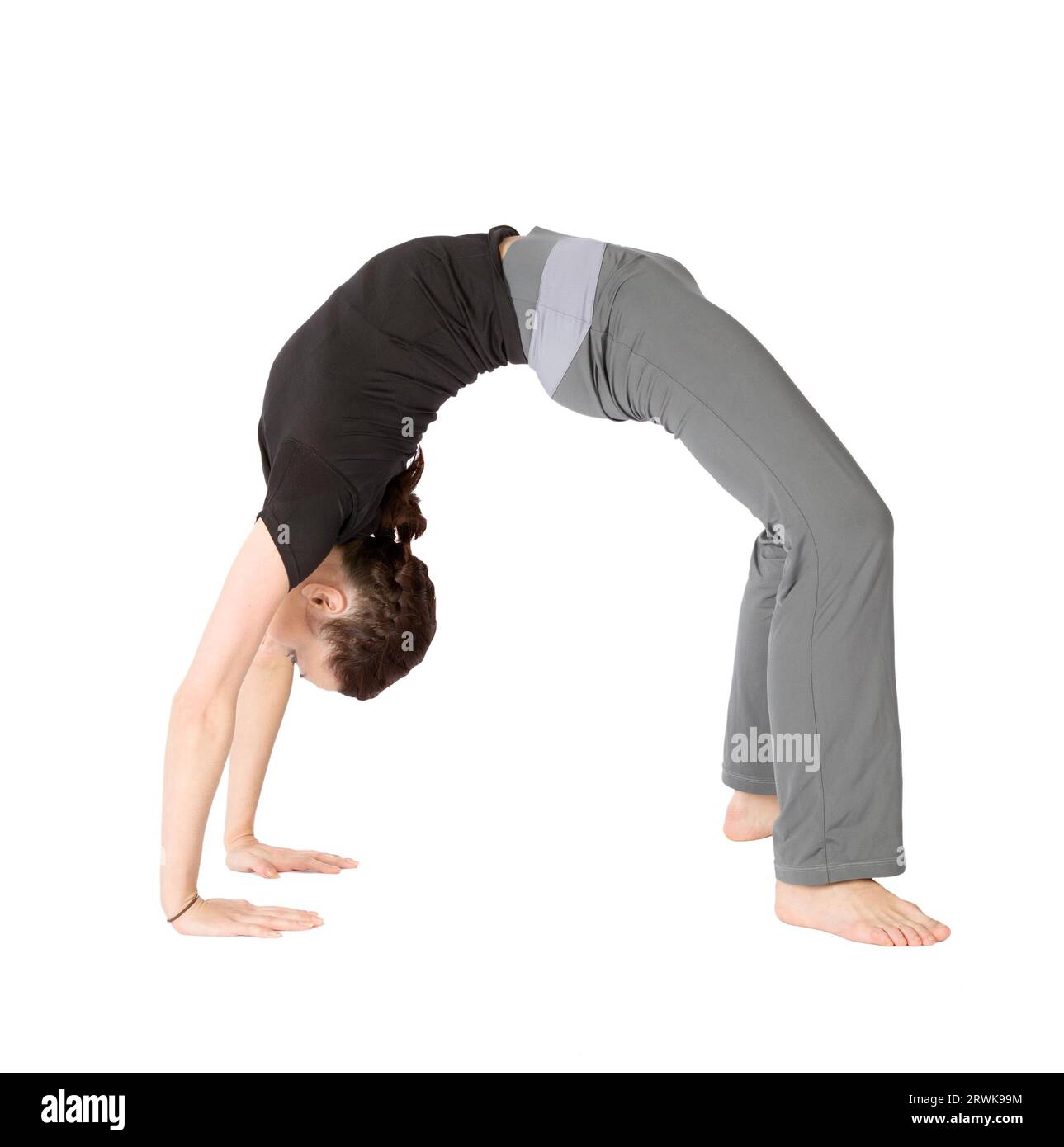 Fit woman holding bridge stretching pose, isolated on white background ...