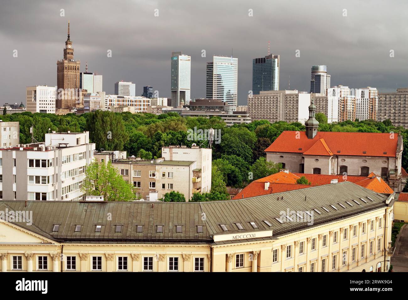 City of Warsaw downtown (Polish: Srodmiescie) in Poland, greenery of ...
