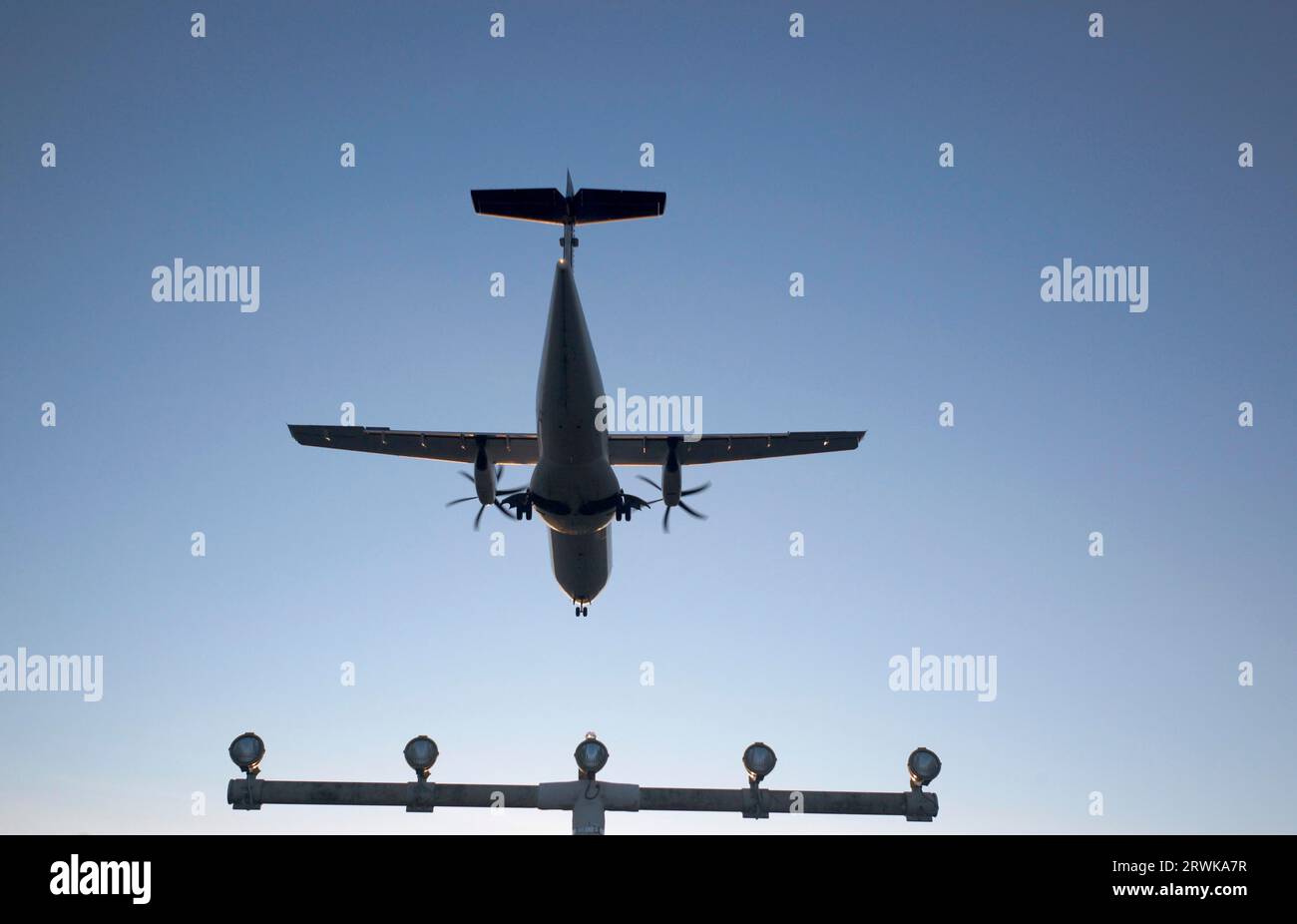 Landing approach of a passenger aircraft (approach lights in the ...