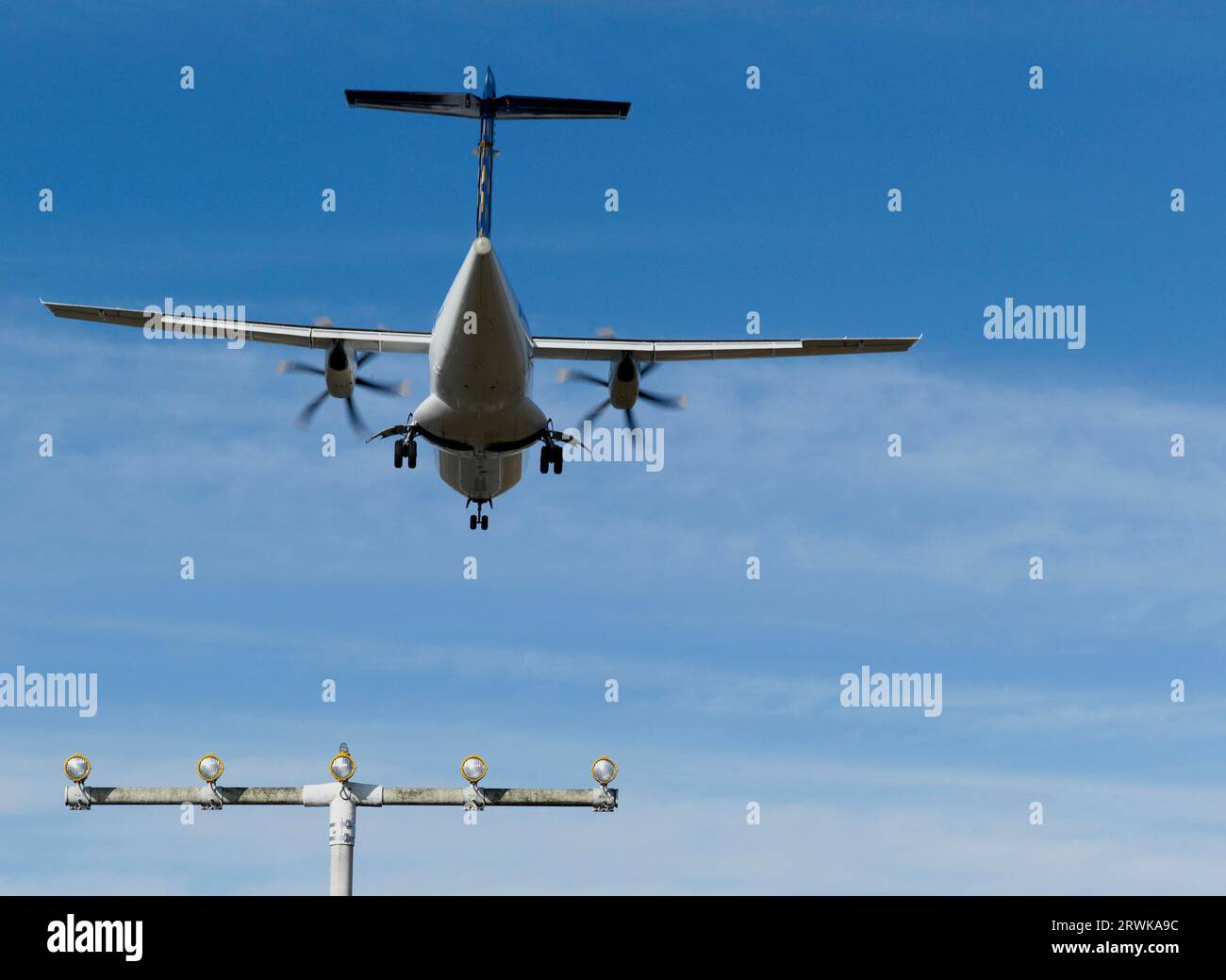 Landing approach of a passenger aircraft (approach lights in the ...