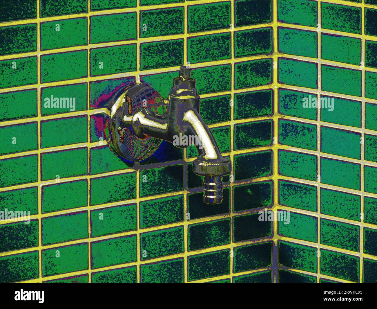 Water tap on tile wall, alienated Stock Photo - Alamy