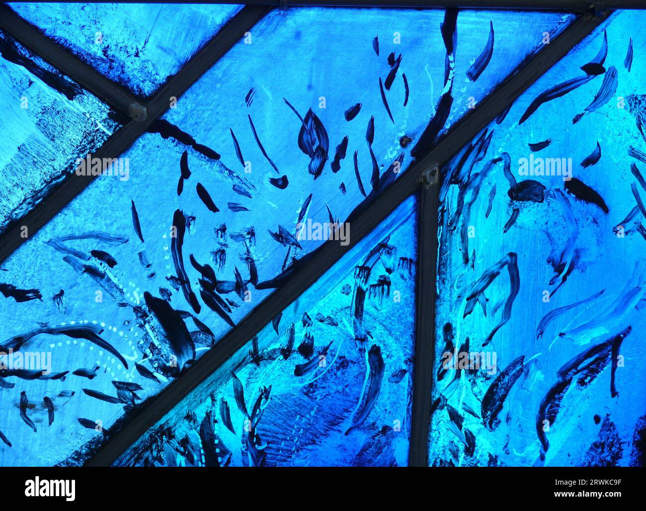 Blue painted church window with leaded glass, detail, full size Stock ...