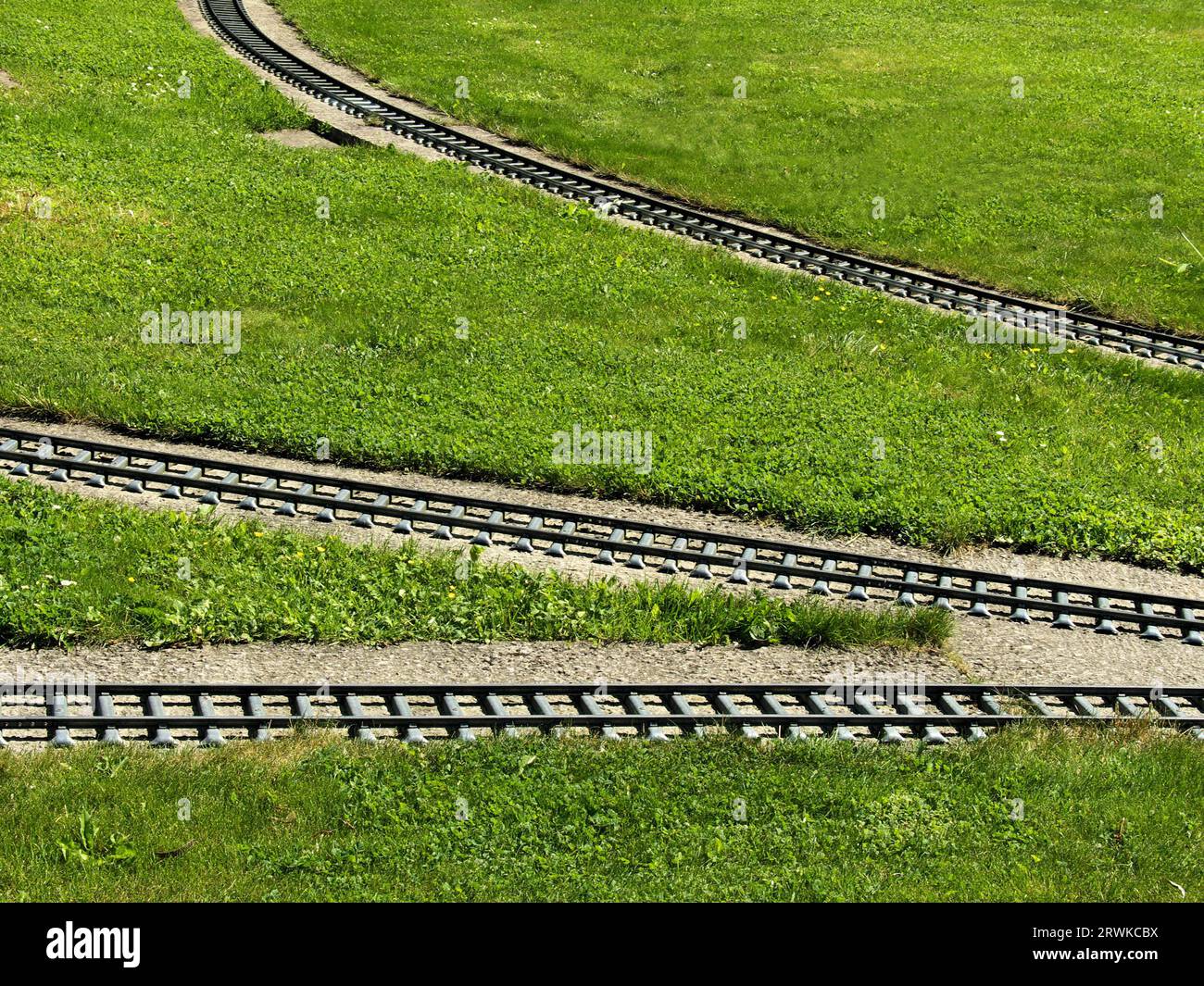 Three tracks of a miniature railway, background meadow Stock Photo - Alamy