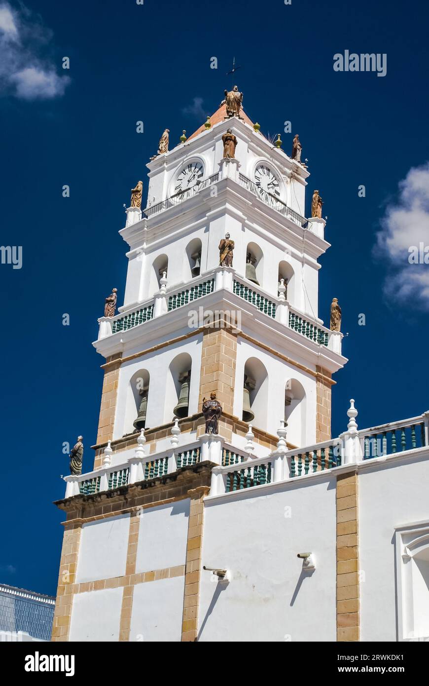 Photo of large white clock tower with statues and balconies in Peru ...