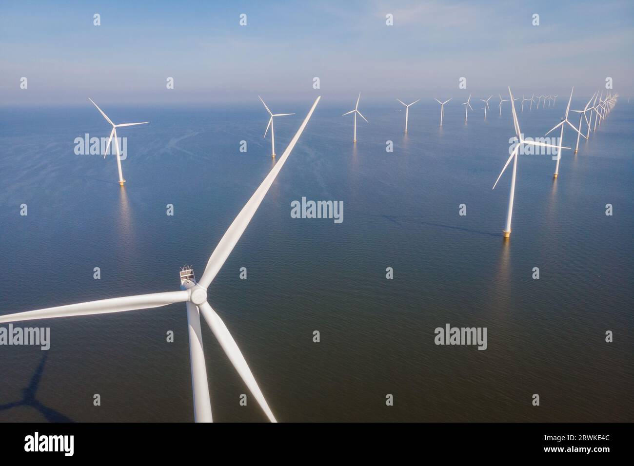 close up the ocean Wind Farm turbines. Windmill farm in the ocean ...